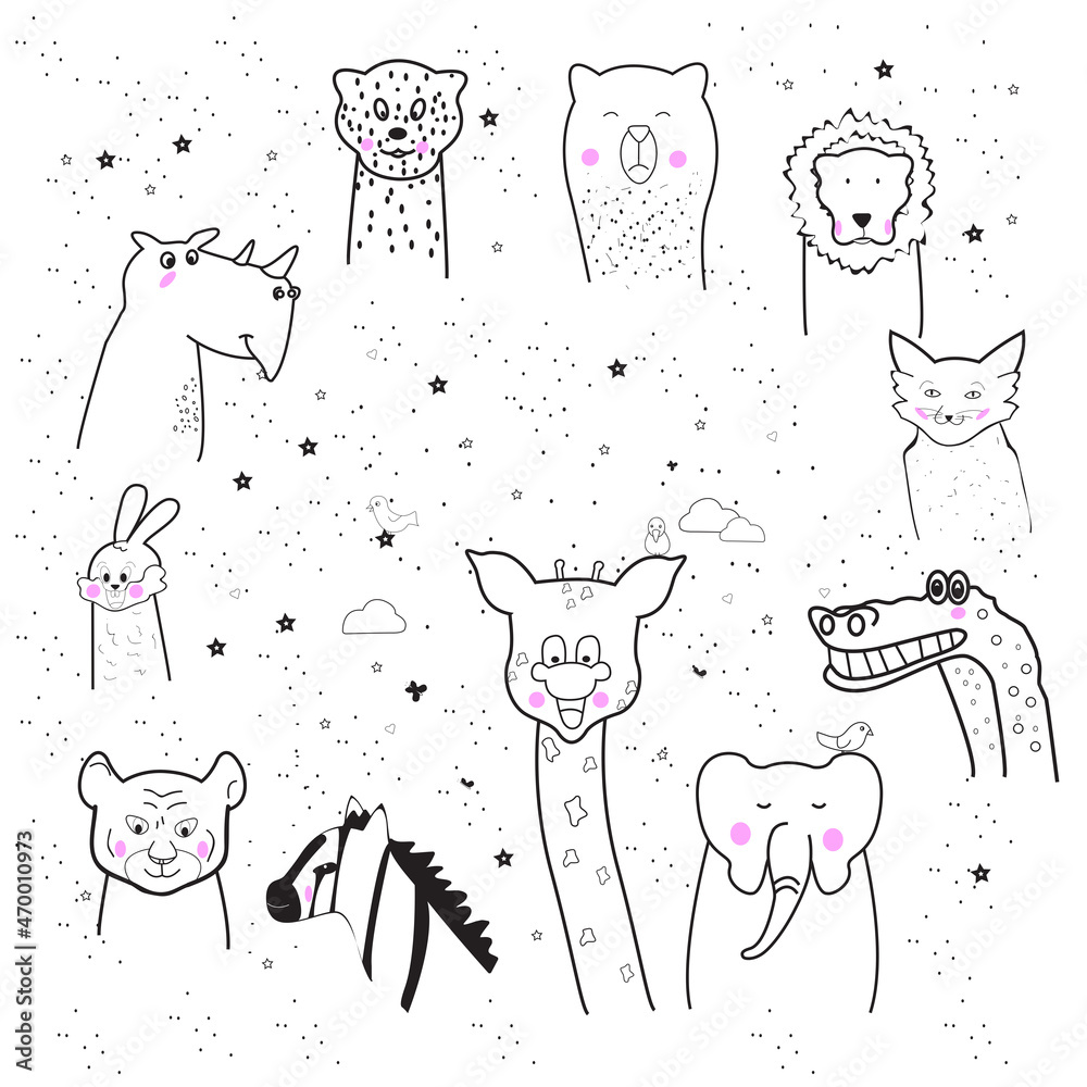 Animal cartoon set isolated on white background. Collection of cute ...