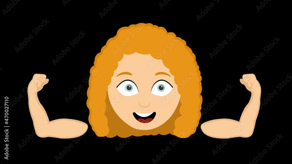 Loop animation of the face of a young cartoon woman flexing her arms ...