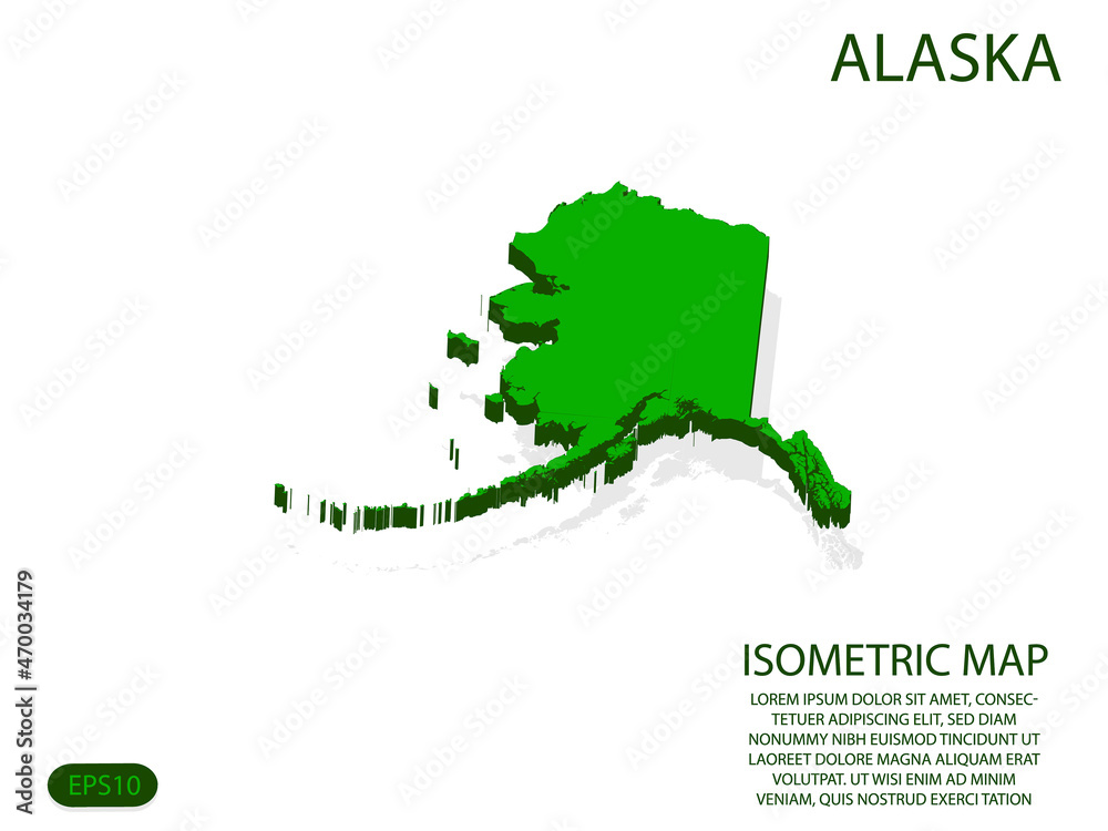 Green isometric map of Alaska elements white background for concept map ...