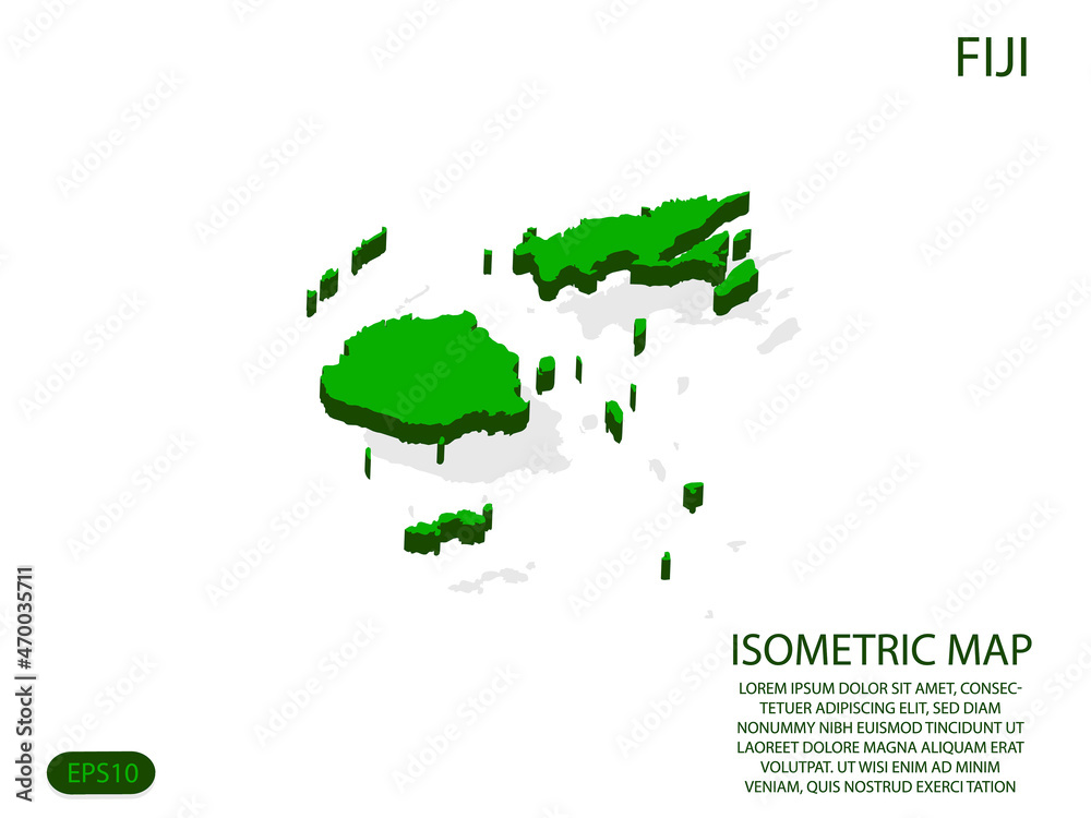 Green isometric map of Fiji elements white background for concept map ...