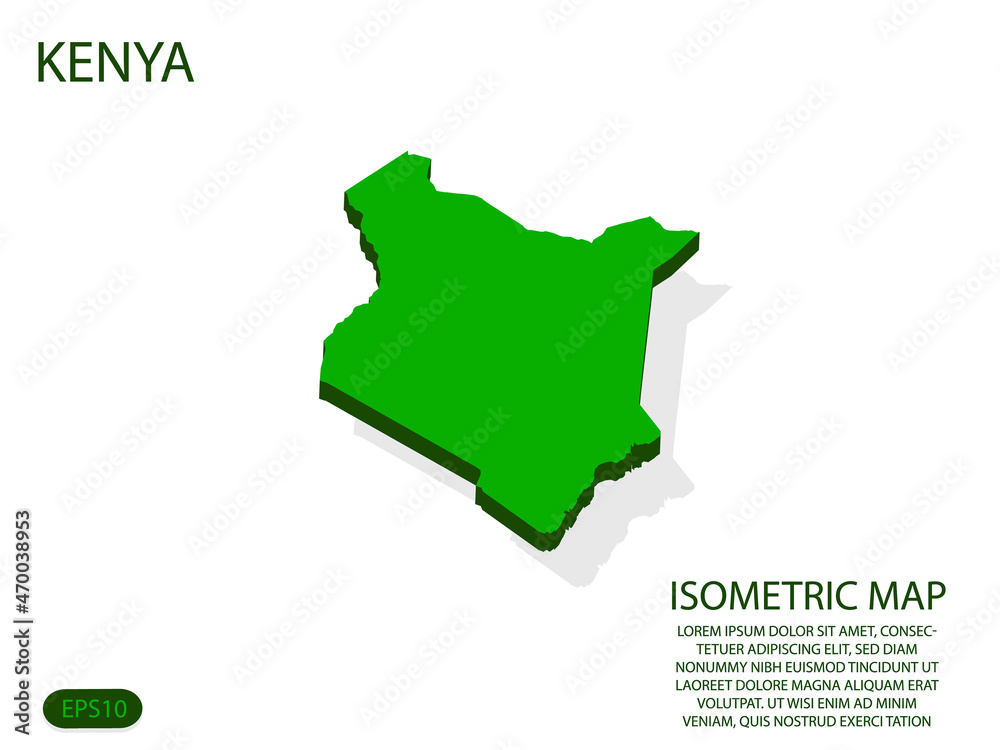 Green isometric map of Kenya elements white background for concept map ...
