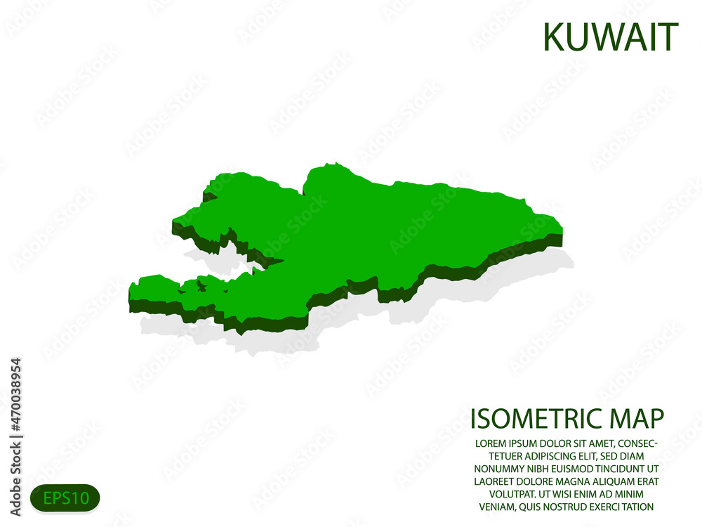 Green isometric map of Kuwait elements white background for concept map ...