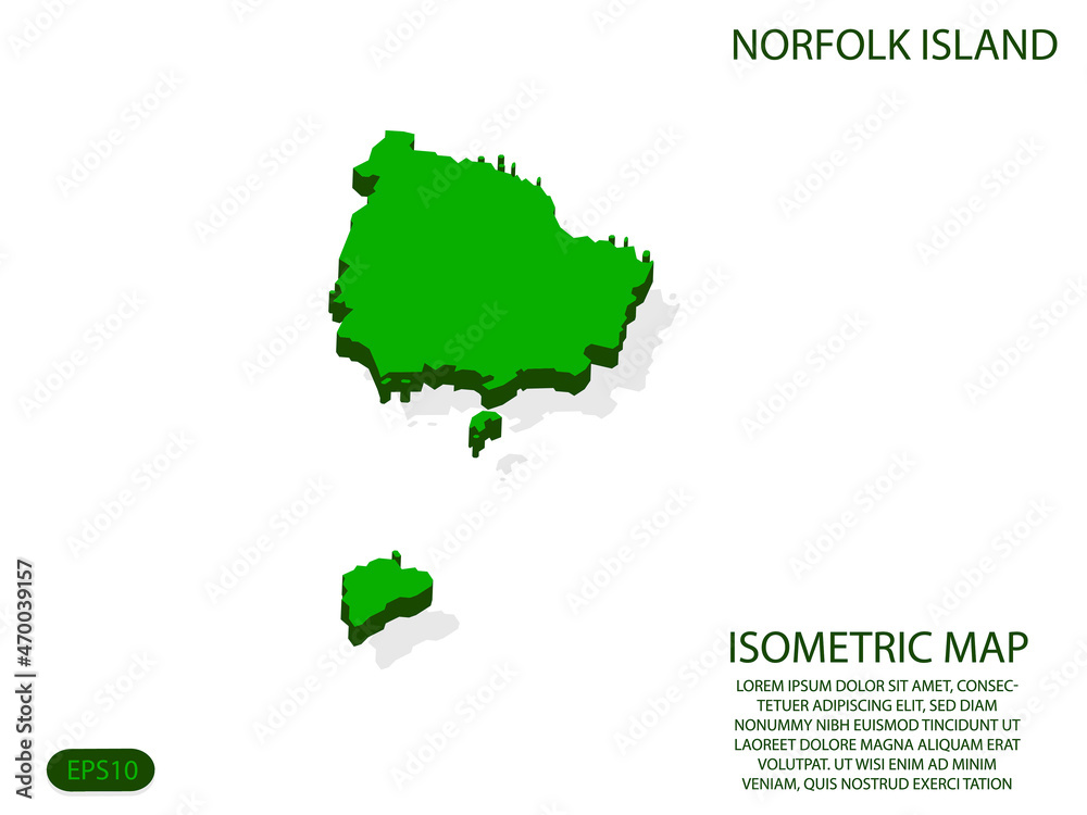 Green isometric map of Norfolk Island elements white background for ...