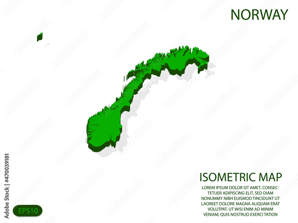 Green isometric map of Norway elements white background for concept map ...