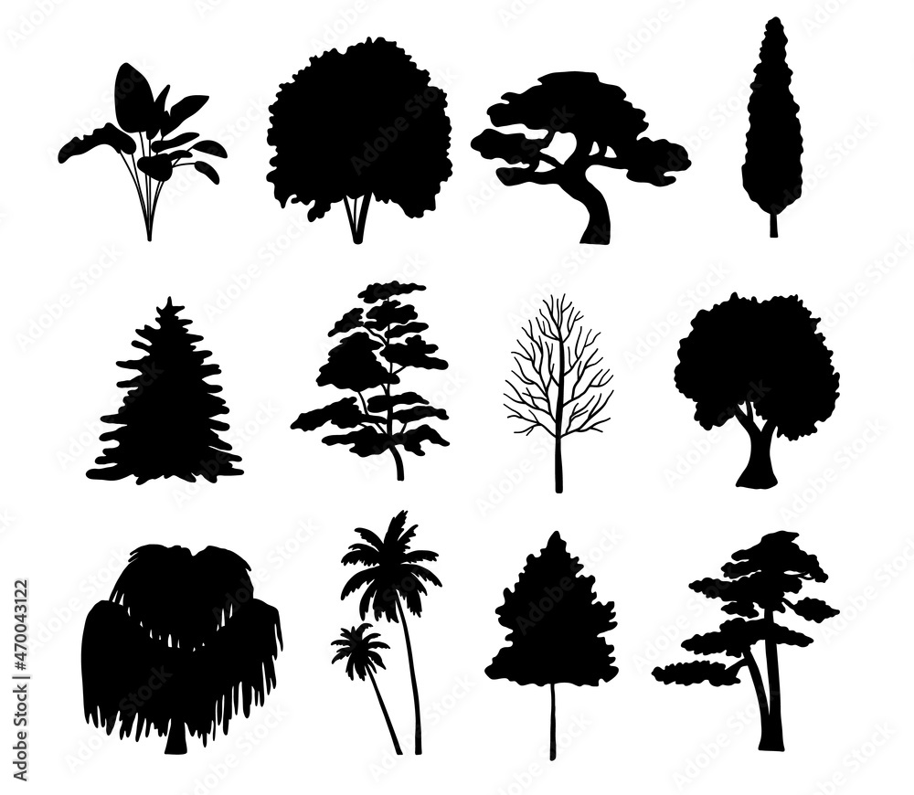 Set Tree silhouette isolated on white background. Vector Collection of ...