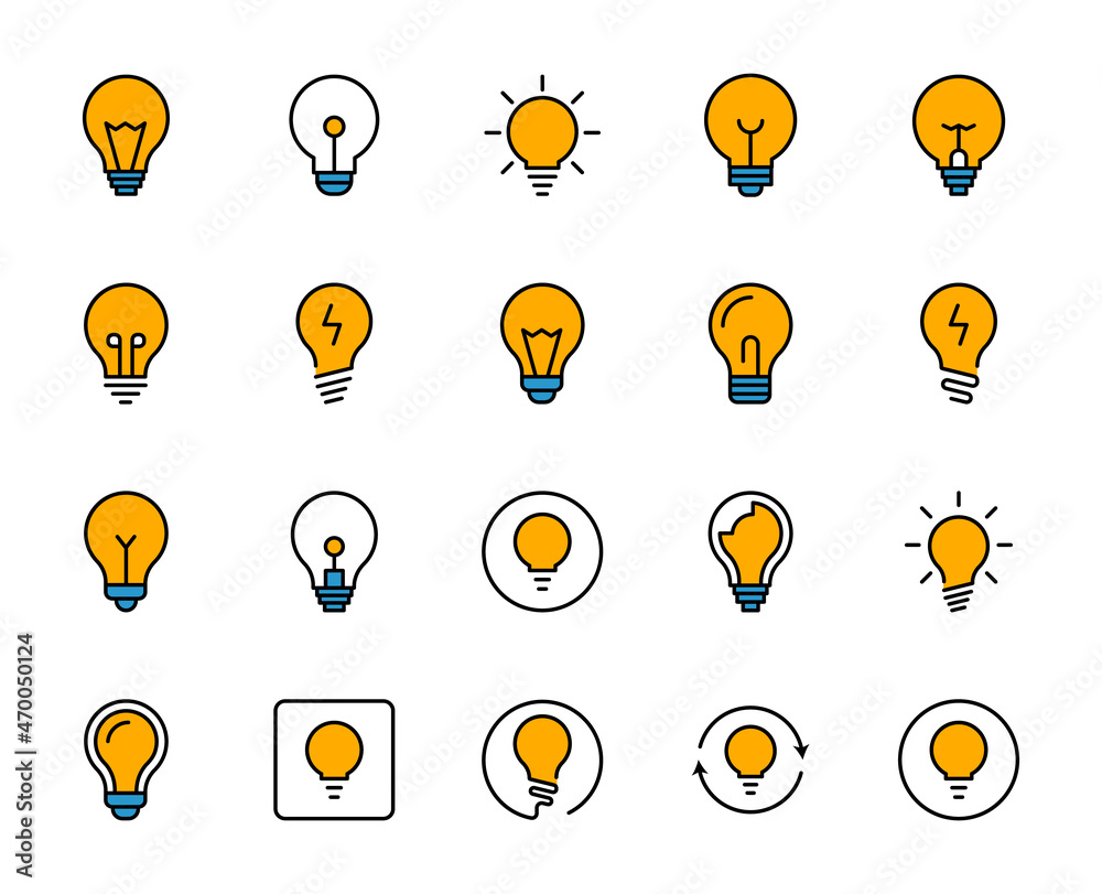 Light bulb set line icons in flat design with elements for web site ...