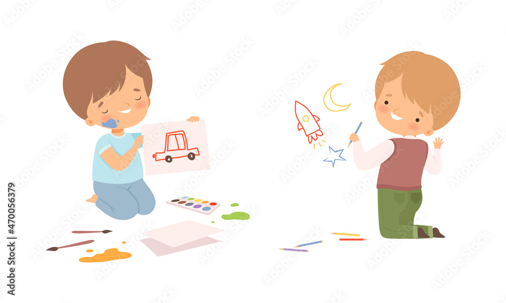 Little Boy Drawing on Paper and Wall with Colored Pencil and Paints ...