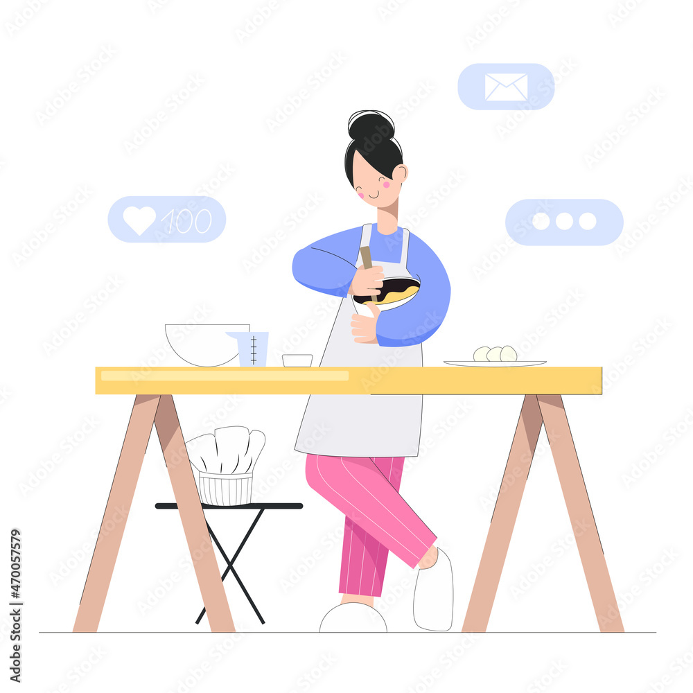 Cartoon woman cooking in kitchen. Vector illustration. Stock Vector ...