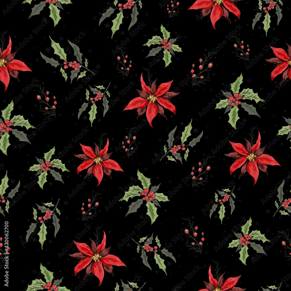 seamless vector Wallpaper with a pattern of Holly branches, poinsettia ...