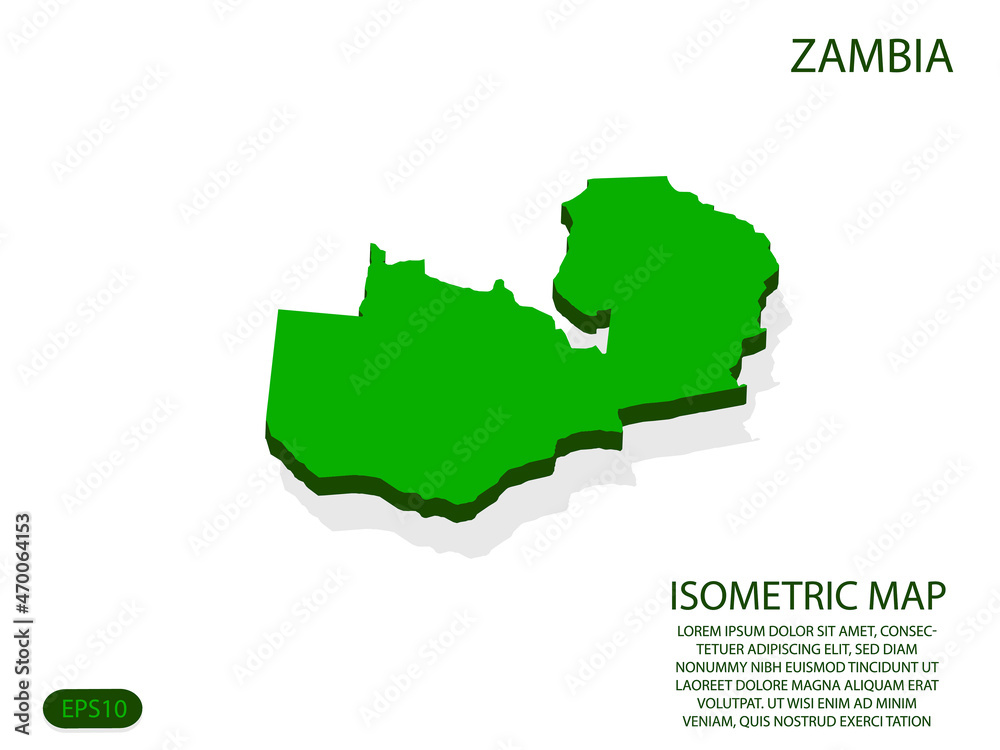 Green isometric map of Zambia elements white background for concept map ...