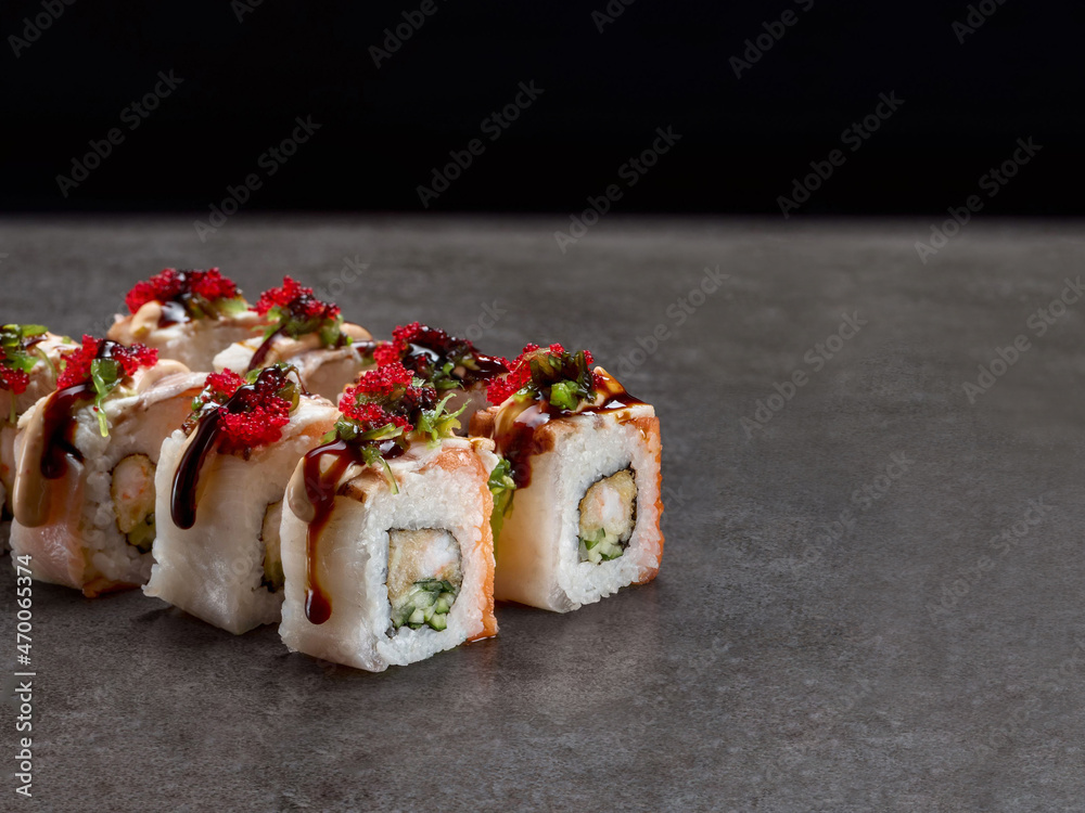 Crunchy black tiger shrimp inside Japanese sushi roll with cucumber ...