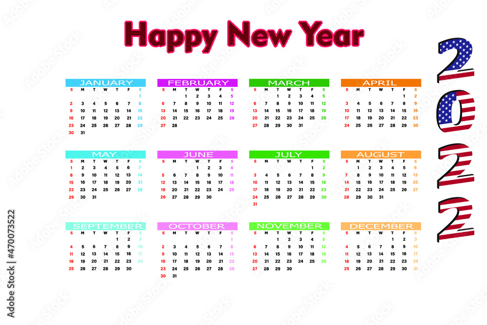 Calendar 2022 template on a white background. United States flag on the ...