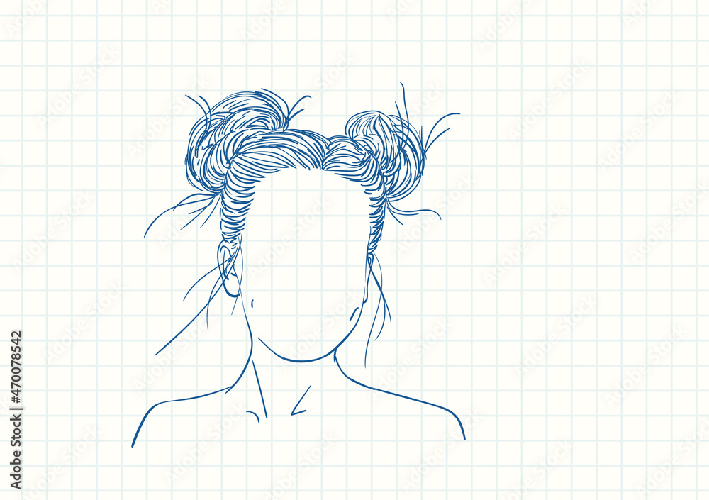 Girl head with no face and two buns hairstyle, Blue pen sketch on ...