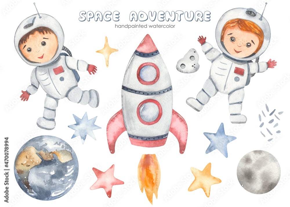 Watercolor set Space adventure with rocket, young astronauts, boy, girl ...
