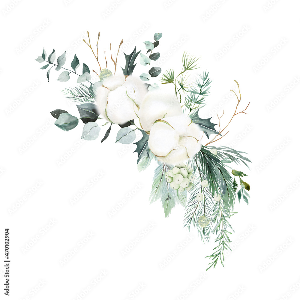 Watercolor white cotton floral bouquet clipart, Forest greenery borders ...