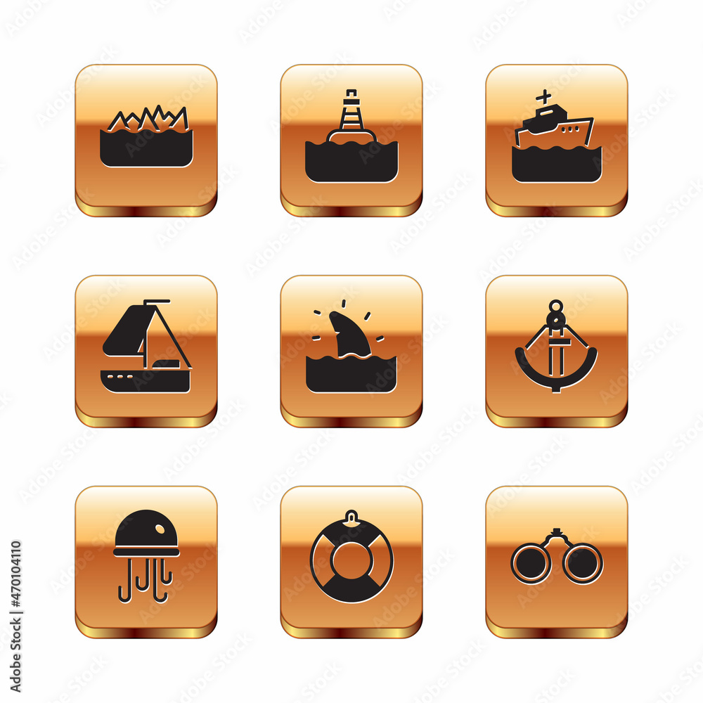 Set Sharp stone reefs, Jellyfish, Lifebuoy, Shark fin in ocean wave ...