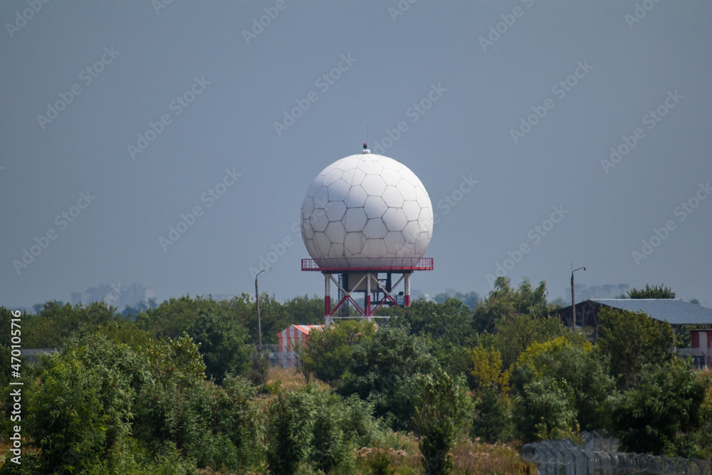 International airport white sphere radar tower in Kharkiv, Ukraine ...