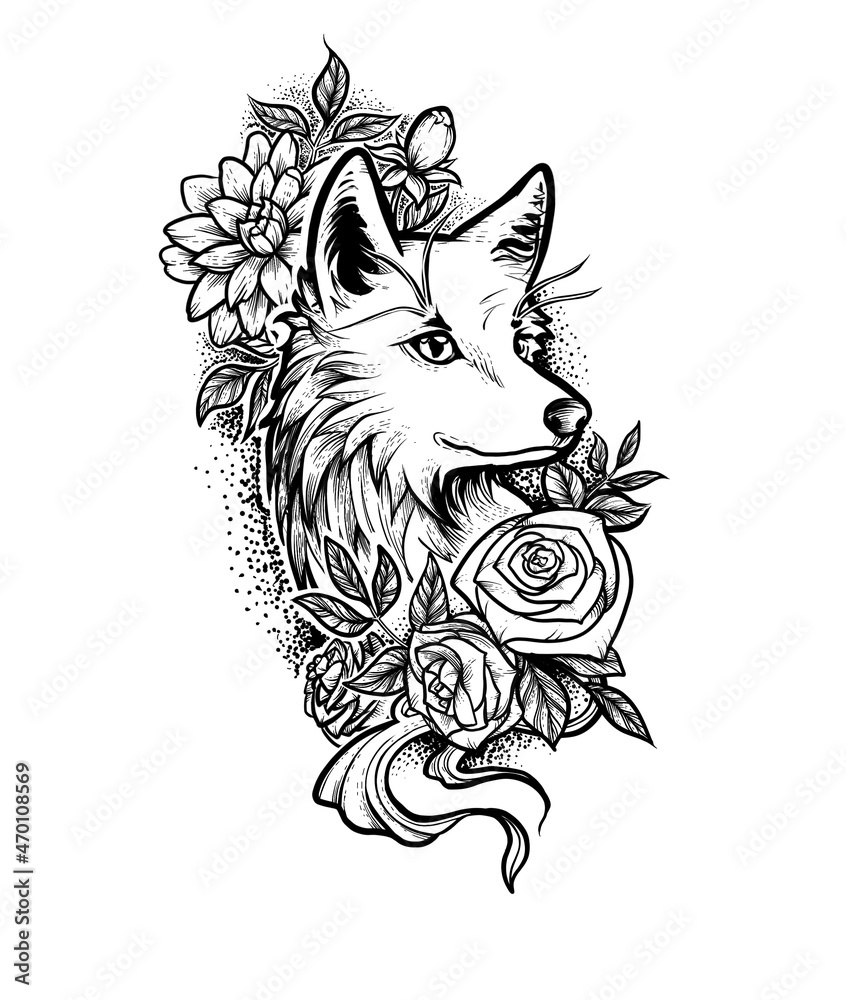 rose fox plant bouquet animal tattoo design Stock Illustration | Adobe ...