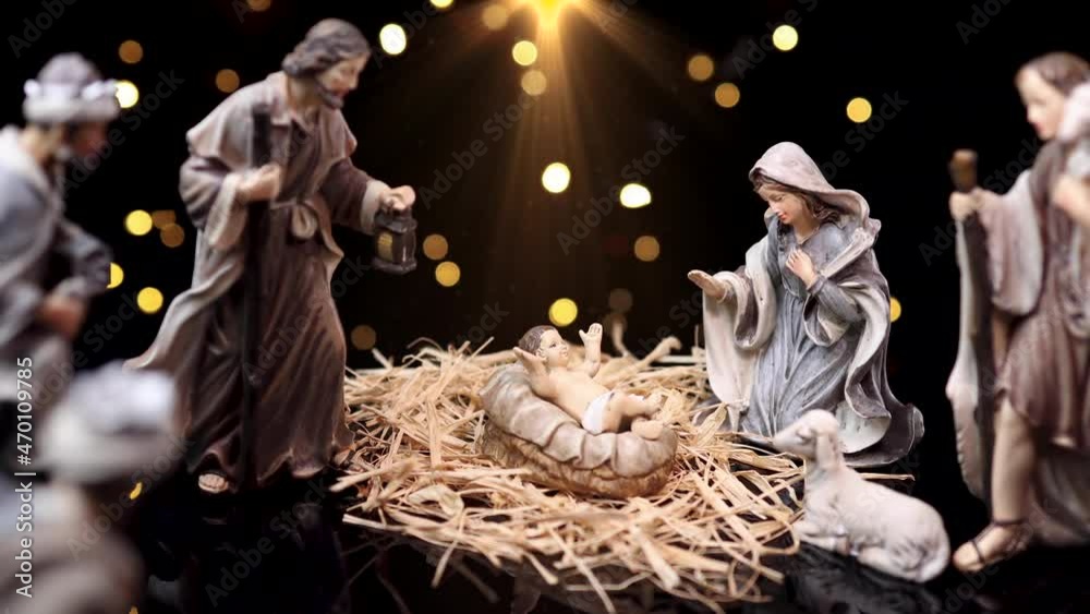 Stockvideo Jesus Christ Nativity scene with atmospheric lights. Jesus ...