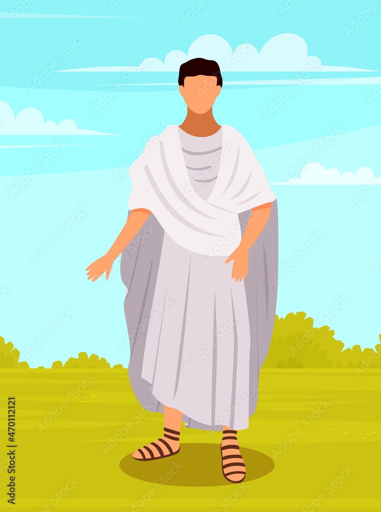 Young male roman wearing long tunic and sandals as traditional clothes ...