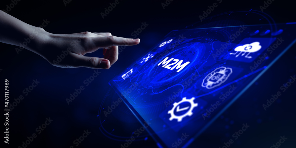 M2M Machine-to-machine technology concept. Hand Pressing button on ...