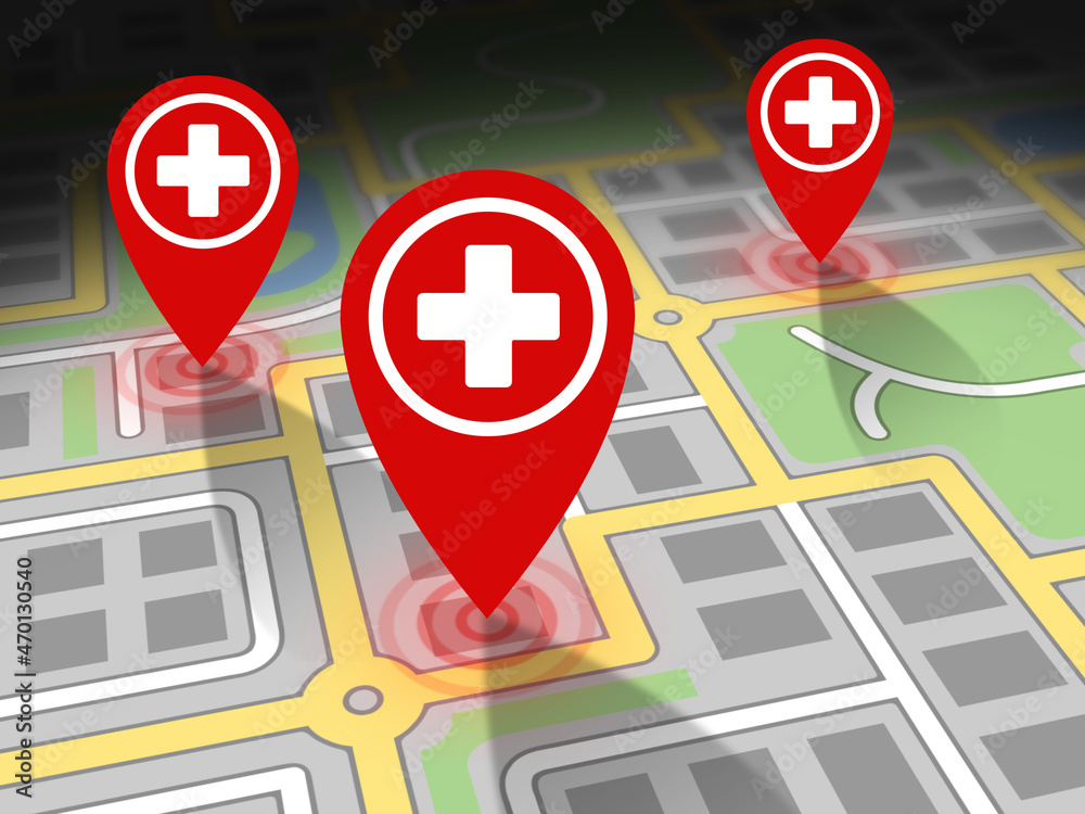 Generic 3D map with doctor / hospital / pharmacy GPS location icons ...
