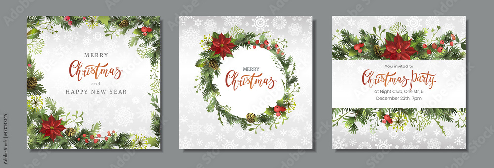 Christmas square holiday cards, flyers or invitations. Set of ...