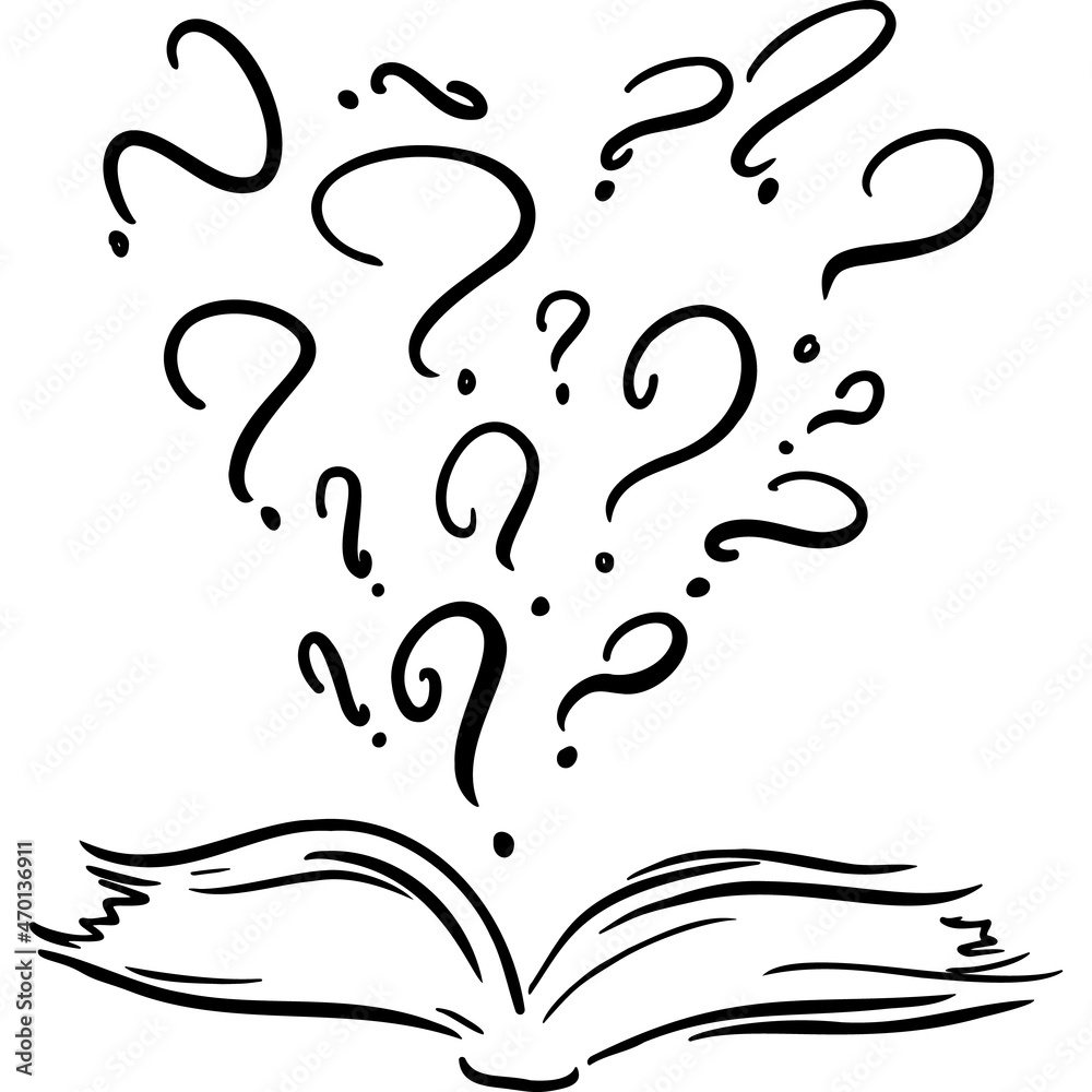An open book from which a lot of question marks fly out sketch vector ...