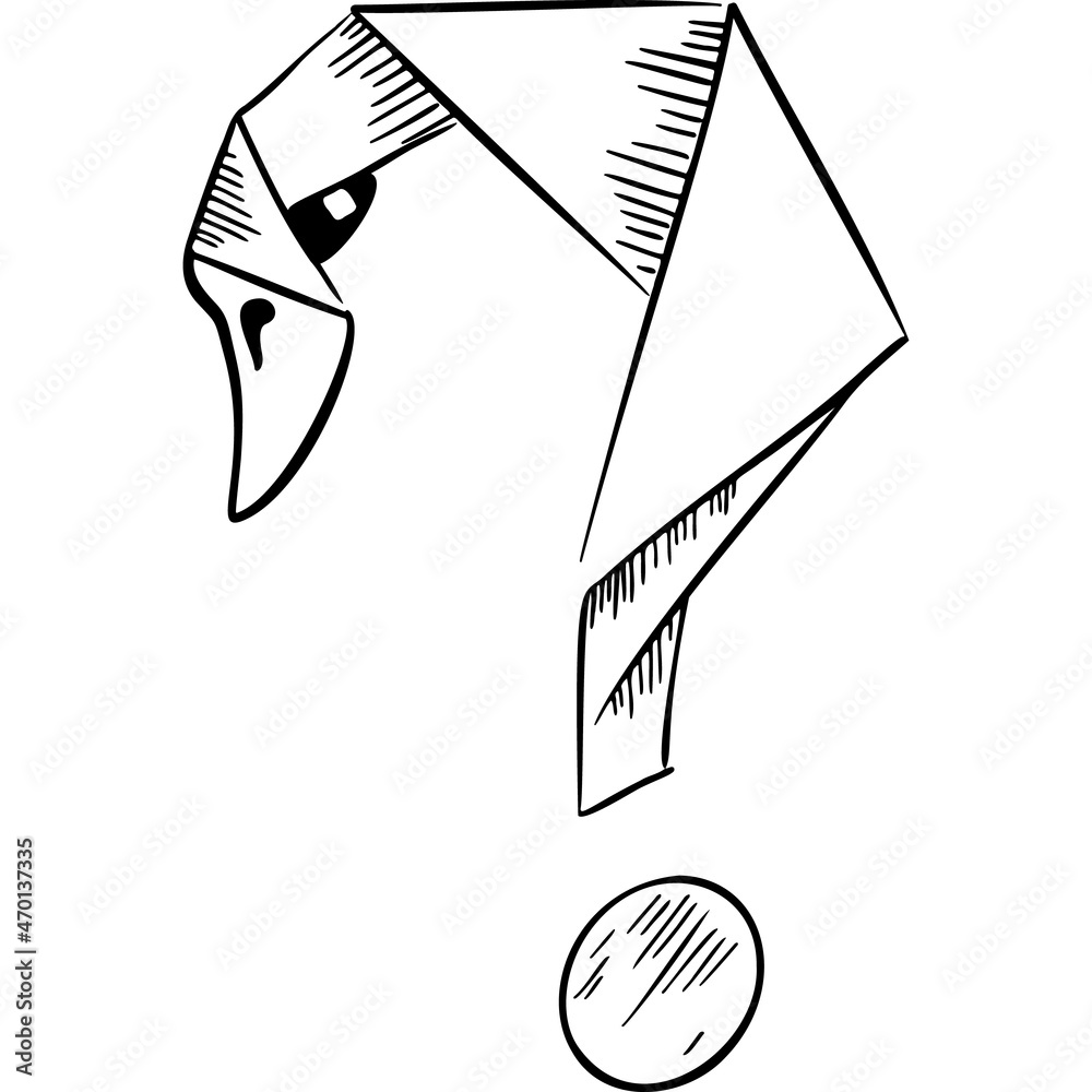 Question mark folded out of paper with a bird's head sketch vector ...
