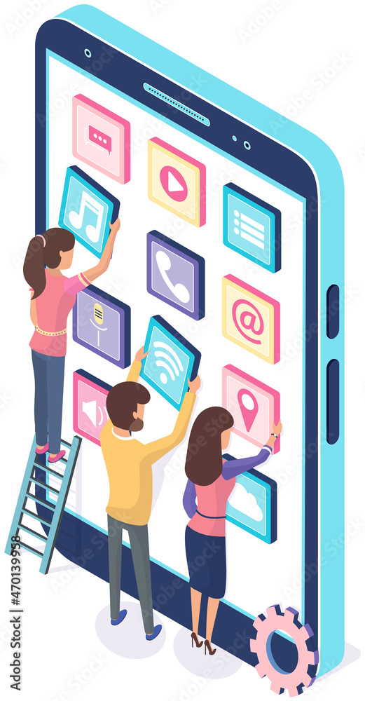 Development of mobile application, program for smartphone concept. People standing near phone ...