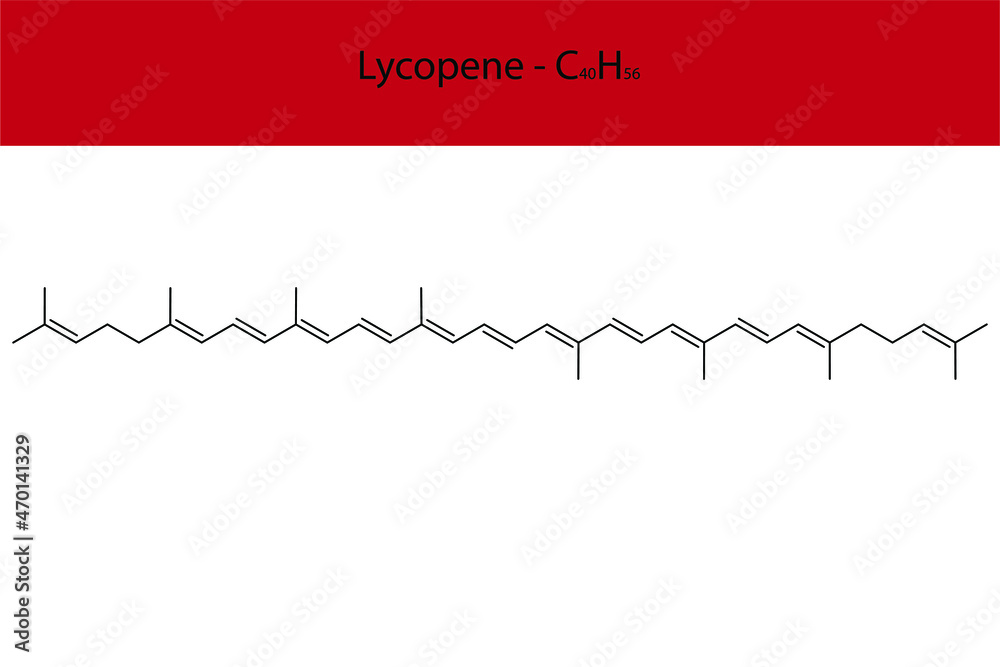 Lycopene Skeletal structure and molecular formula. Organic biomolecule ...