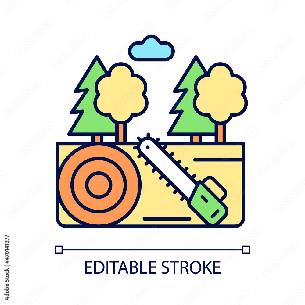 Working forest RGB color icon. Lumber industry. Cutting trees ...