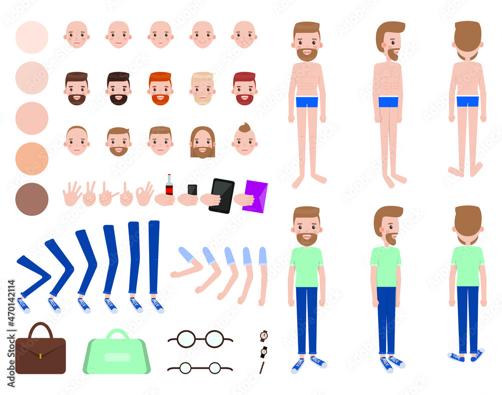 Character constructor man skin color and male, bag and watch set of ...