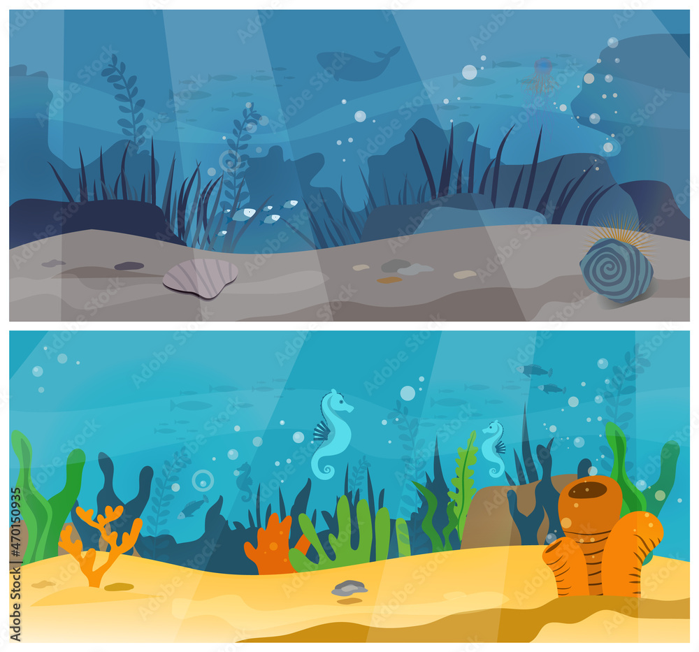 Ocean nature banners set with sand, fish, corals, sea inhabitants ...