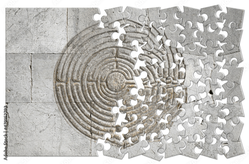 Labyrinth carved on medieval stone wall - solution concept in ji Stock ...