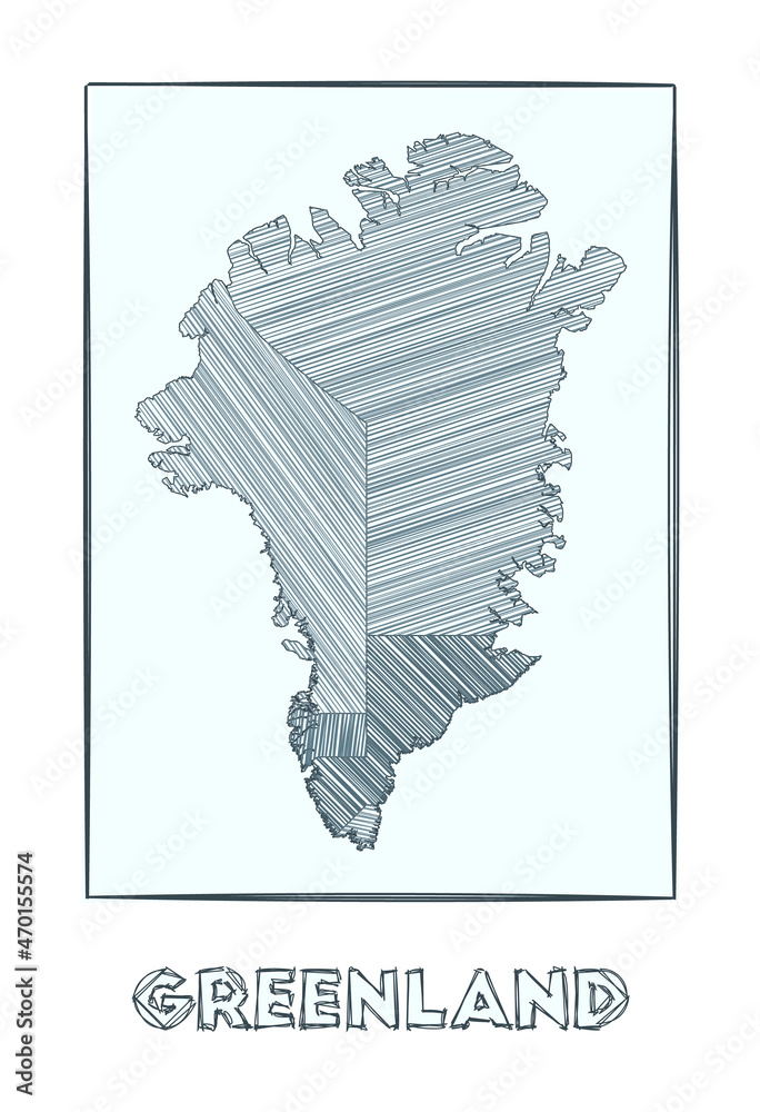 Sketch map of Greenland. Grayscale hand drawn map of the country ...