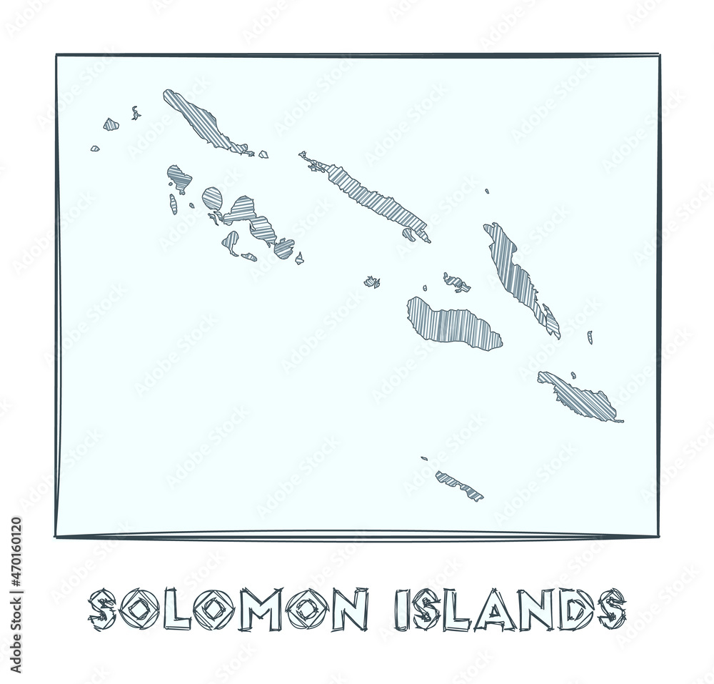 Sketch map of Solomon Islands. Grayscale hand drawn map of the country ...