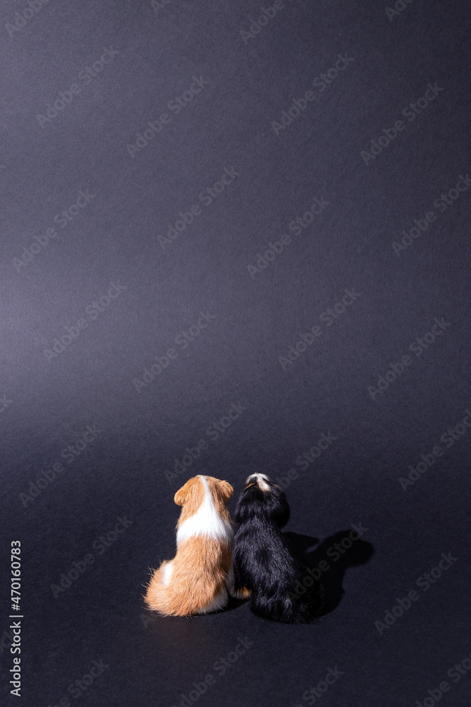 Figures of dogs in a sitting position on a dark background. Text space ...