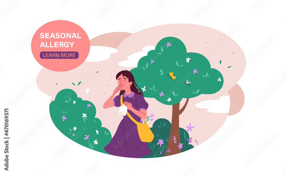 Seasonal allergy concept. Young woman walks in park and sneezes due to ...