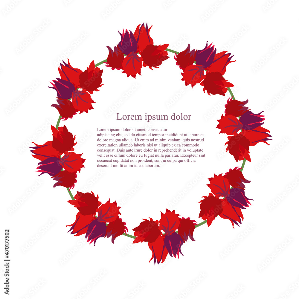 Roselle red flower circle frame drawn sketch art design element stock ...