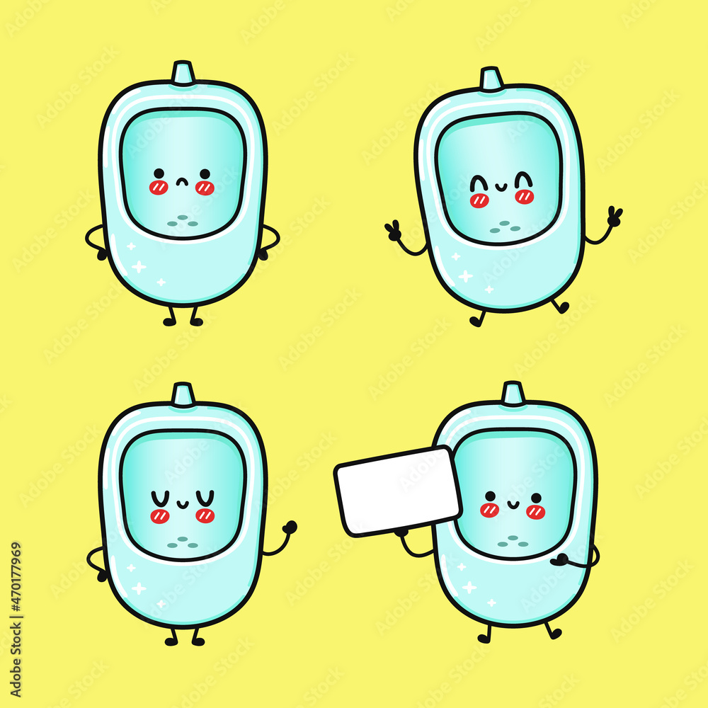 Funny cute happy urinal characters bundle set. Vector hand drawn doodle ...