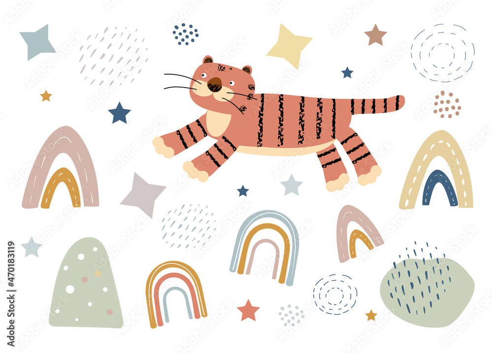 Cute striped tiger with rainbow, stars, clouds set. Illustration for ...