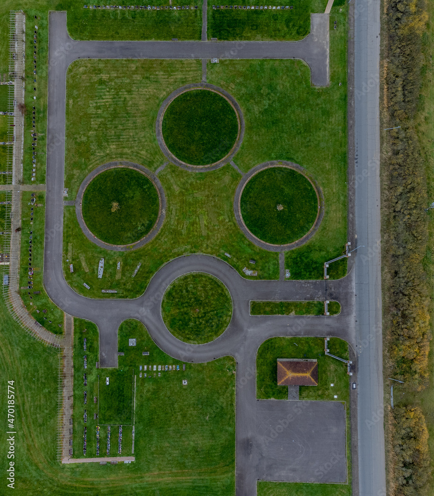 Pattern of circles in a green field and roundabout at Willow cemetery ...