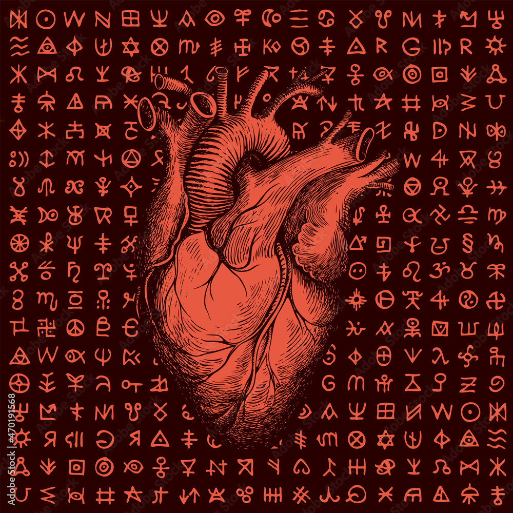 Vector banner with red human heart and magic runes on black background ...