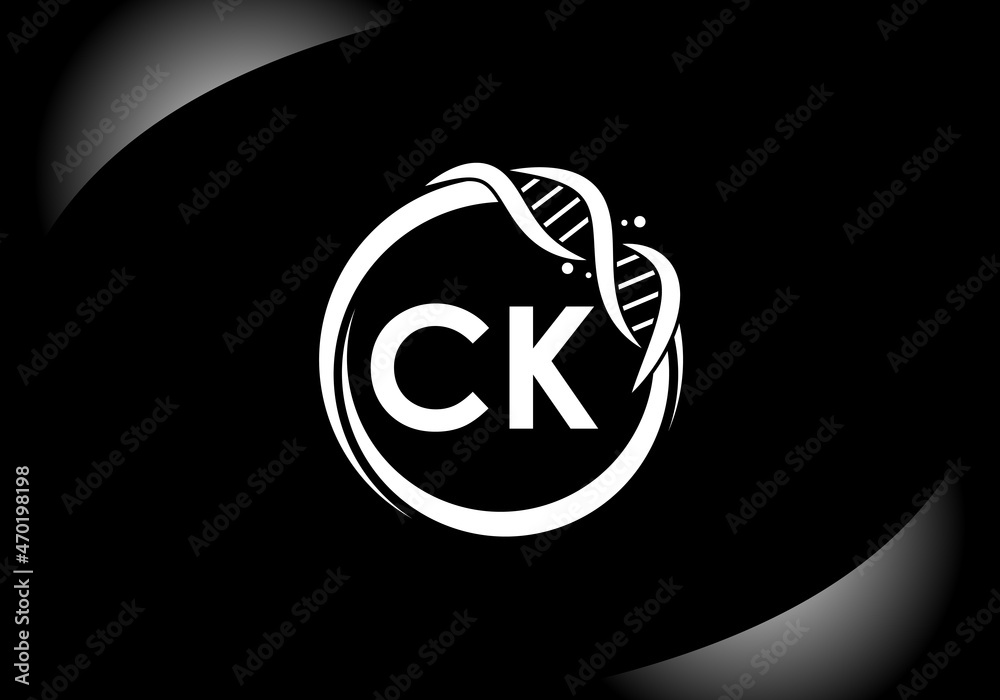 Black letter CK monogram alphabet in a circle with DNA. Genetics logo ...