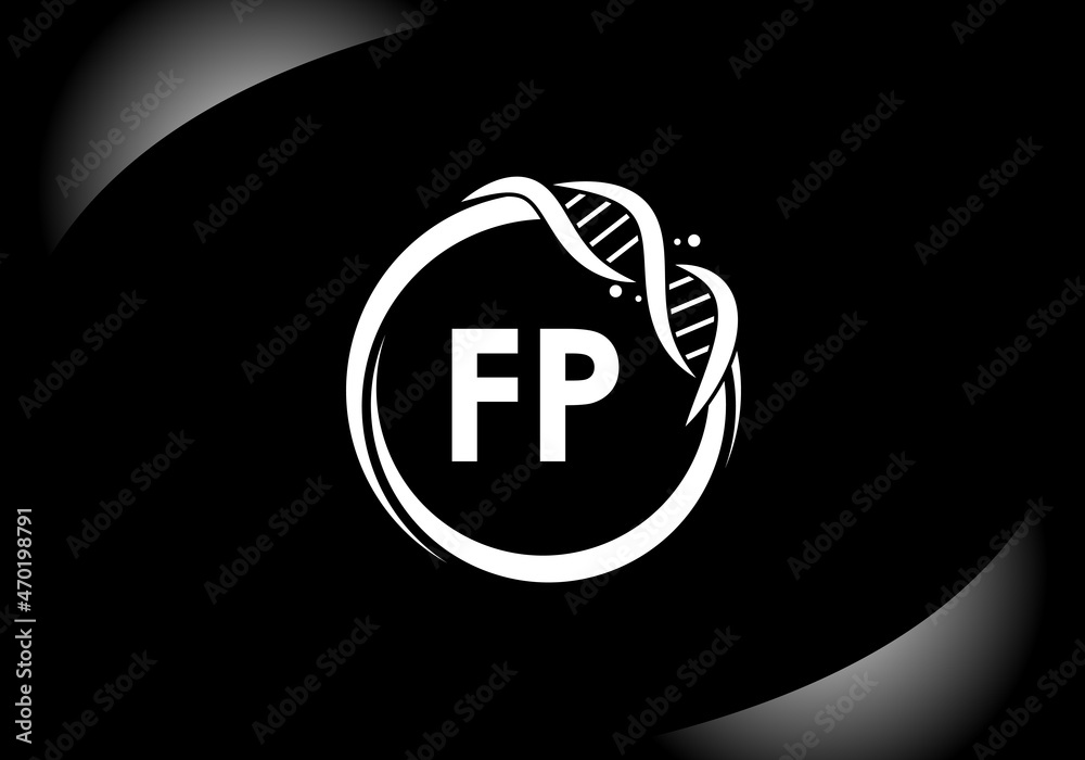 Black letter FP monogram alphabet in a circle with DNA. Genetics logo ...