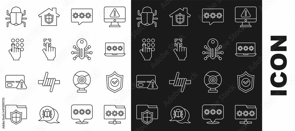 Set line Folder with password, Shield check mark, Laptop, Password ... Set line Folder with password, Shield check mark, Laptop, Password ...