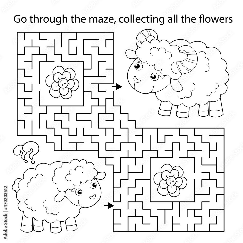 Maze or Labyrinth Game. Puzzle. Coloring Page Outline Of cartoon sheep ...