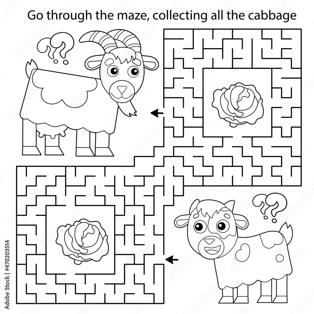 Maze or Labyrinth Game. Puzzle. Coloring Page Outline Of cartoon goat ...