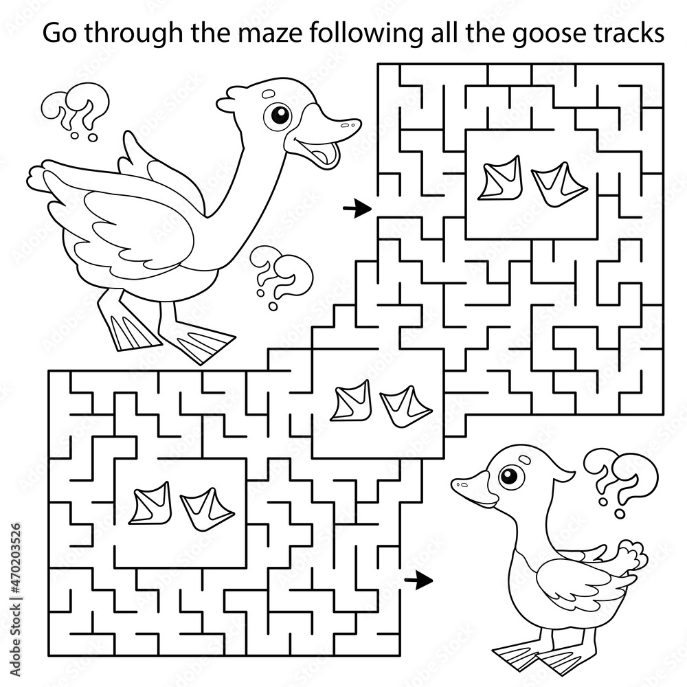 Maze or Labyrinth Game. Puzzle. Coloring Page Outline Of cartoon goose ...